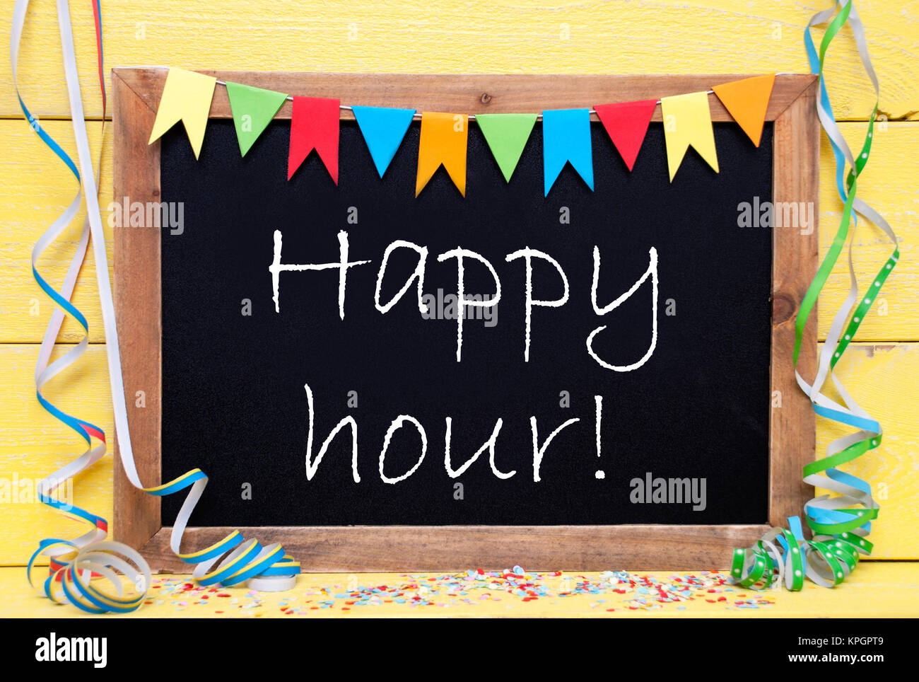 Chalkboard With English Text Happy Hour. Party Decoration Like Streamer ...
