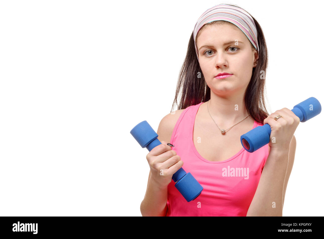 Pretty teenager with weights isolated on a white background Stock Photo ...