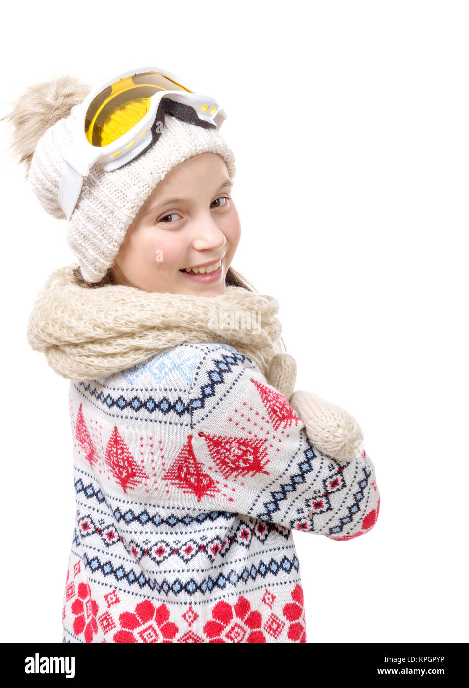 happy young girl snowboarding on white background Stock Photo - Alamy