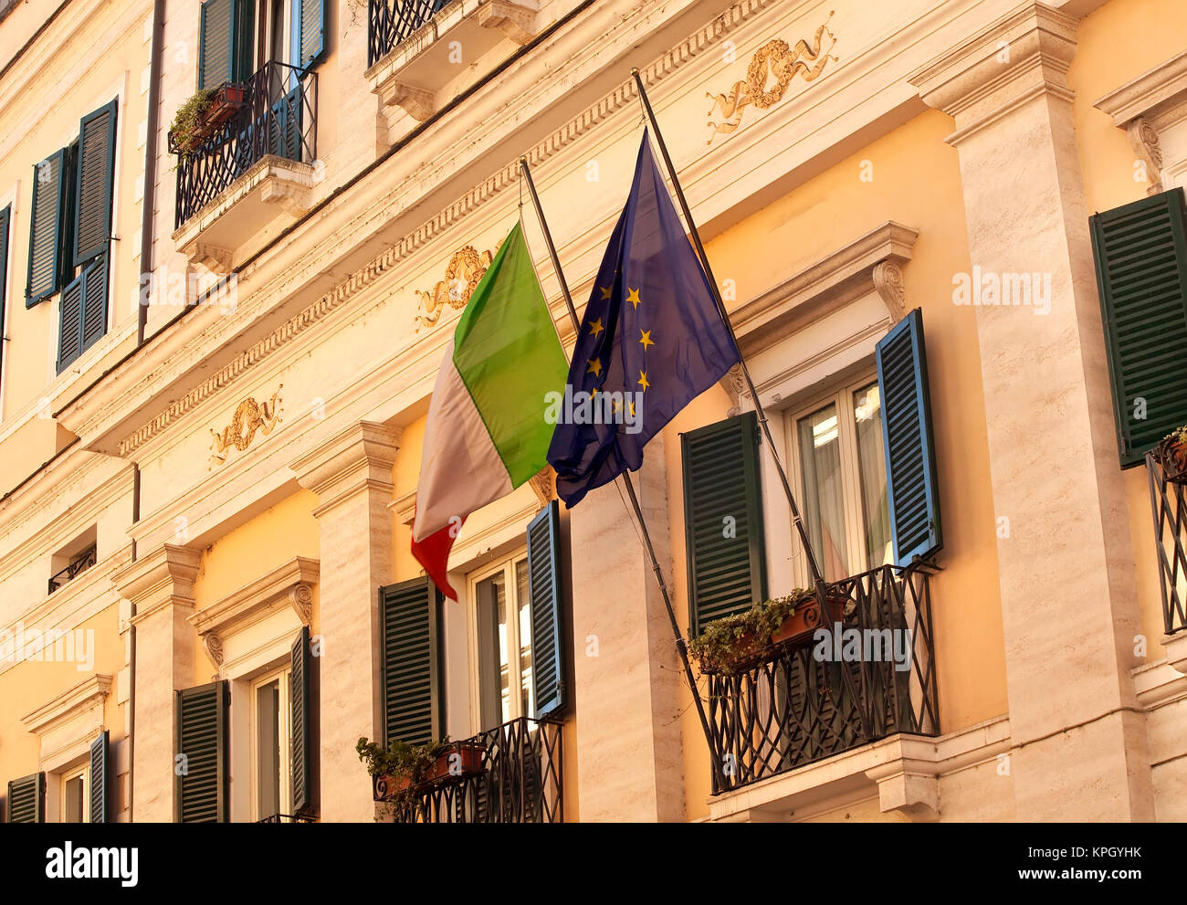 EC Italy Flags Building Windows Close-up Via Del Balbuno Roman Street ...