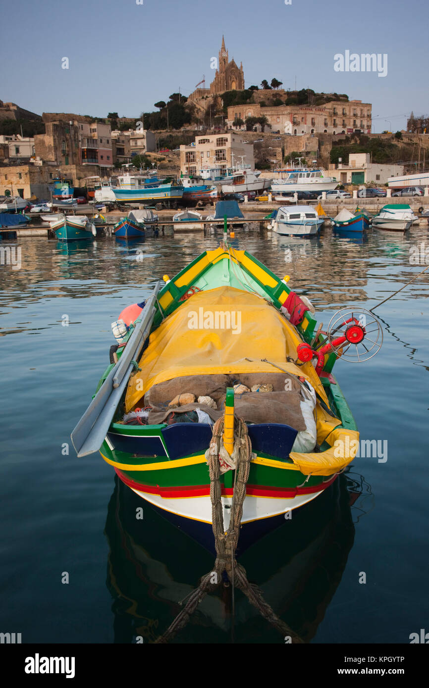 Malta, Gozo Island, Mgarr, harbor view with traditional luzzu fishing ...