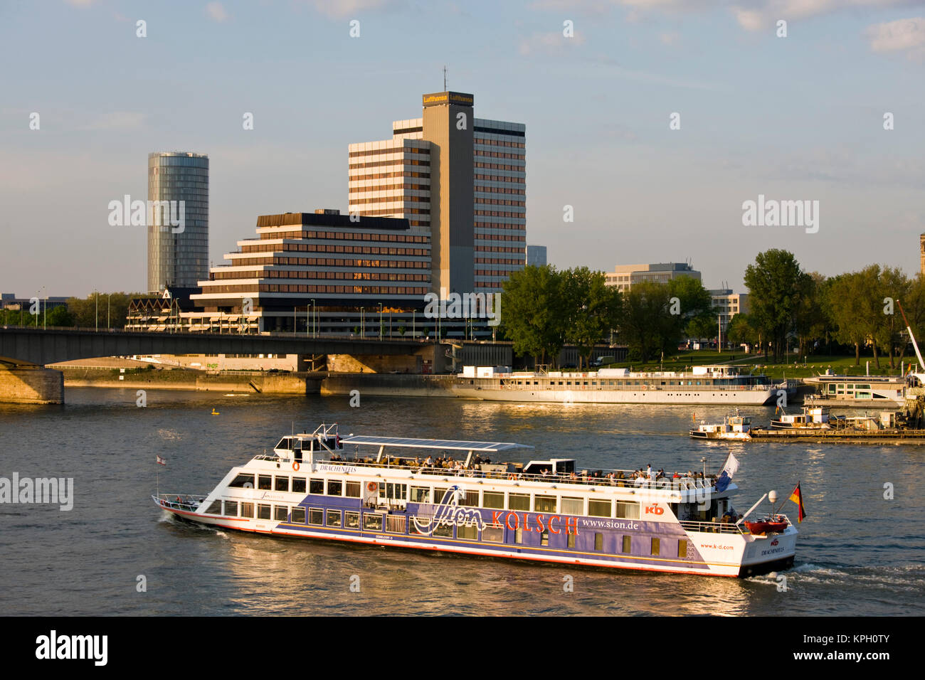 Germany, Nordrhein-Westfalen, Cologne. Tourist boat on Rhein River ...