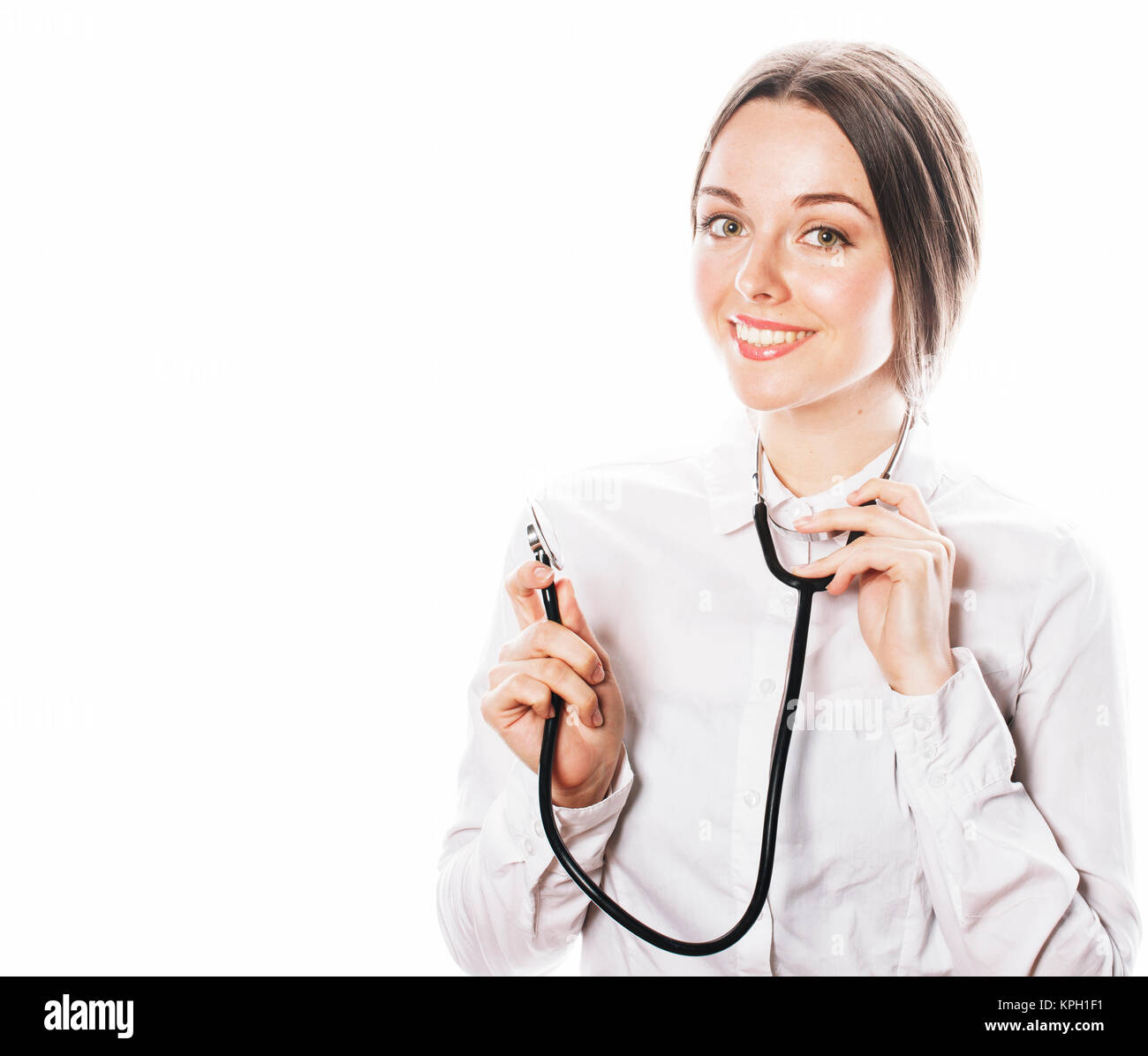 young pretty woman doctor with stethoscope on white background isolated ...