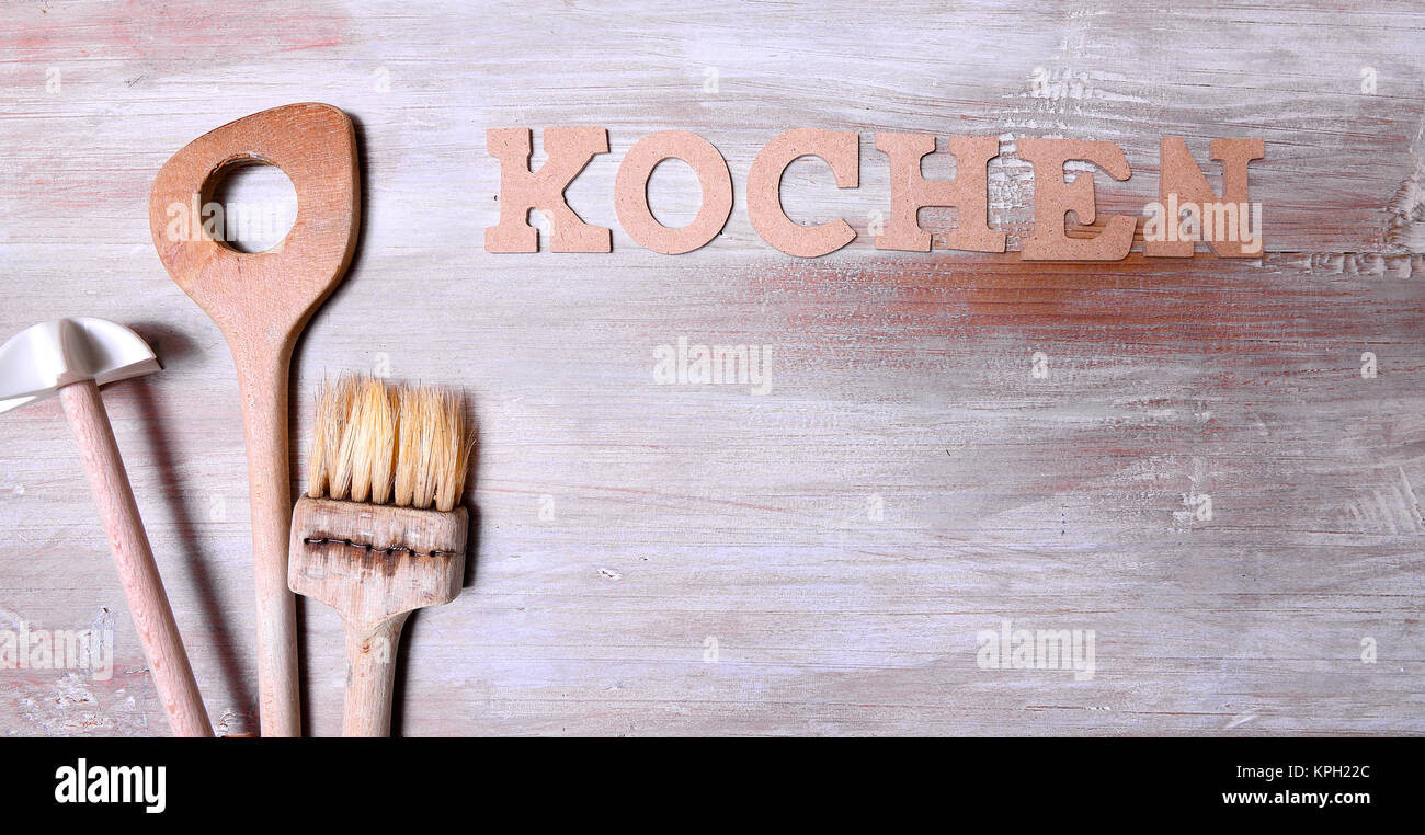cooking wooden spoon banner long background Stock Photo - Alamy