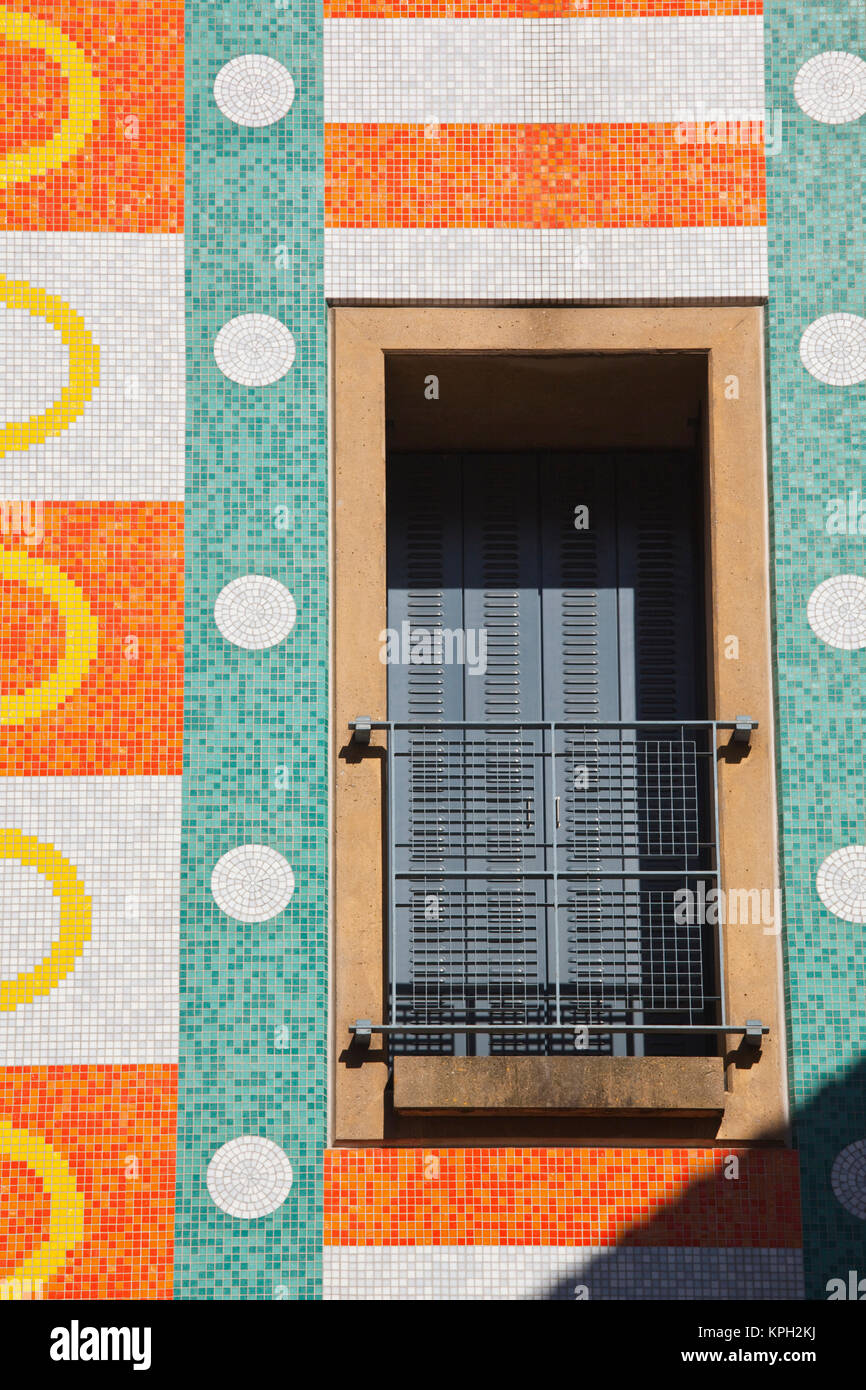 Switzerland, Ticino Canton, Lugano. Building detail, Quartiere Magetti ...