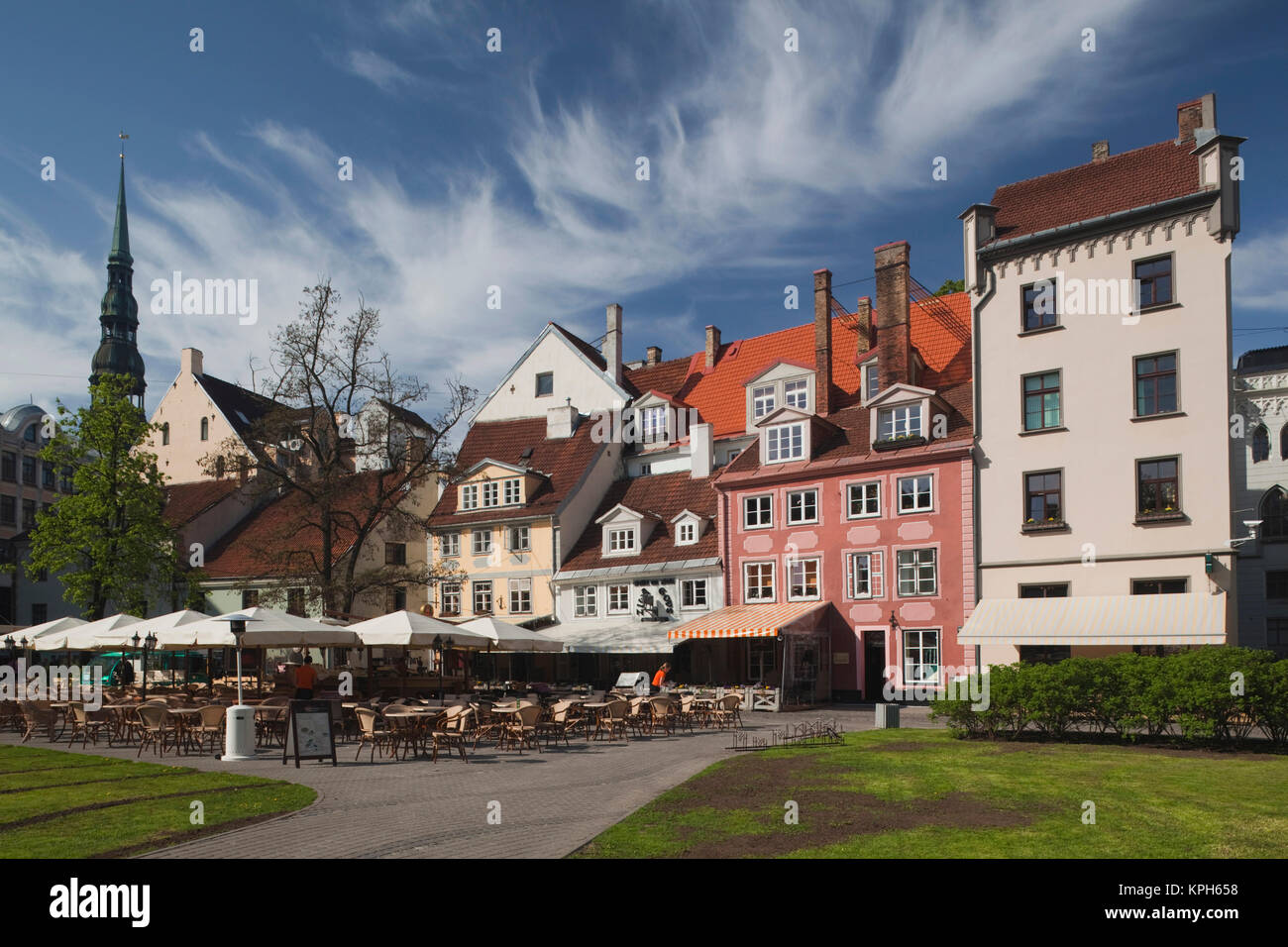 Latvia, Riga, Old Riga, Vecriga, cafes on Livu Lukums Square, morning ...