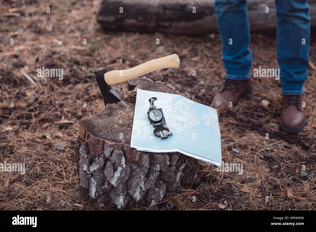 compass, axe and map Stock Photo - Alamy
