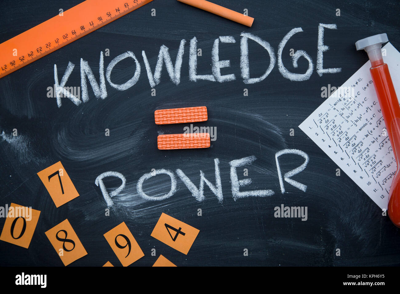 Knowledge is a power inscription, paper with math exercises and school ...