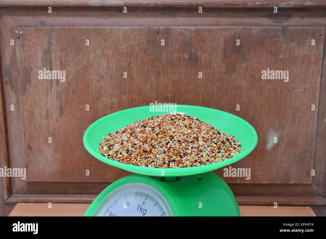 bird food on green weighing scale tray Stock Photo - Alamy