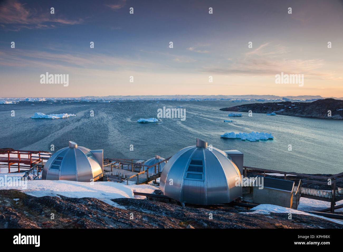 Greenland, Disko Bay, Ilulissat, waterfront igloo houses Stock Photo ...