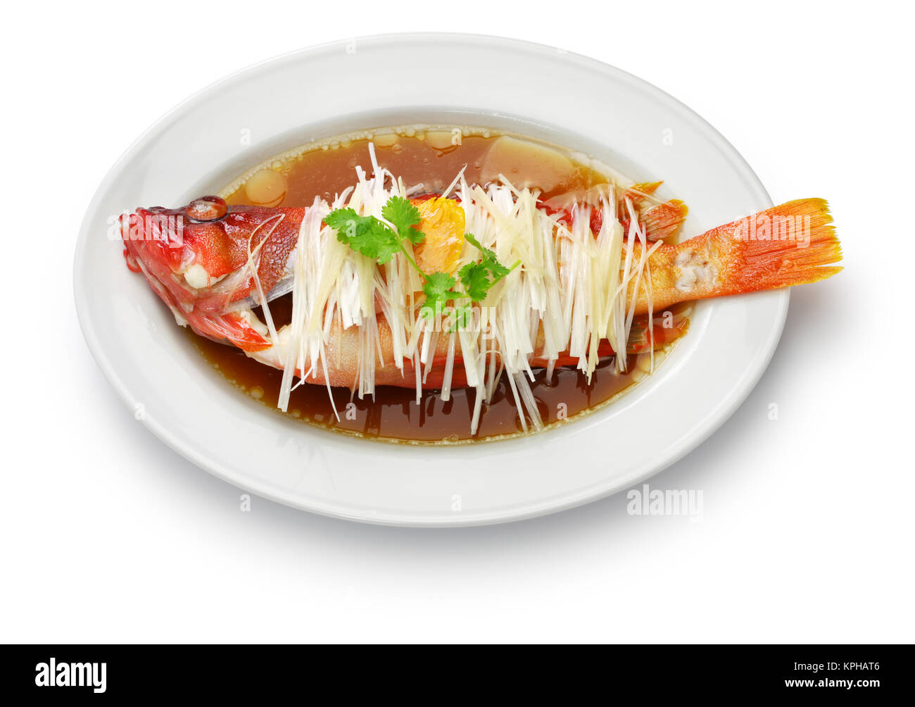 chinese steamed red grouper with ginger, scallions and soy sauce Stock ...