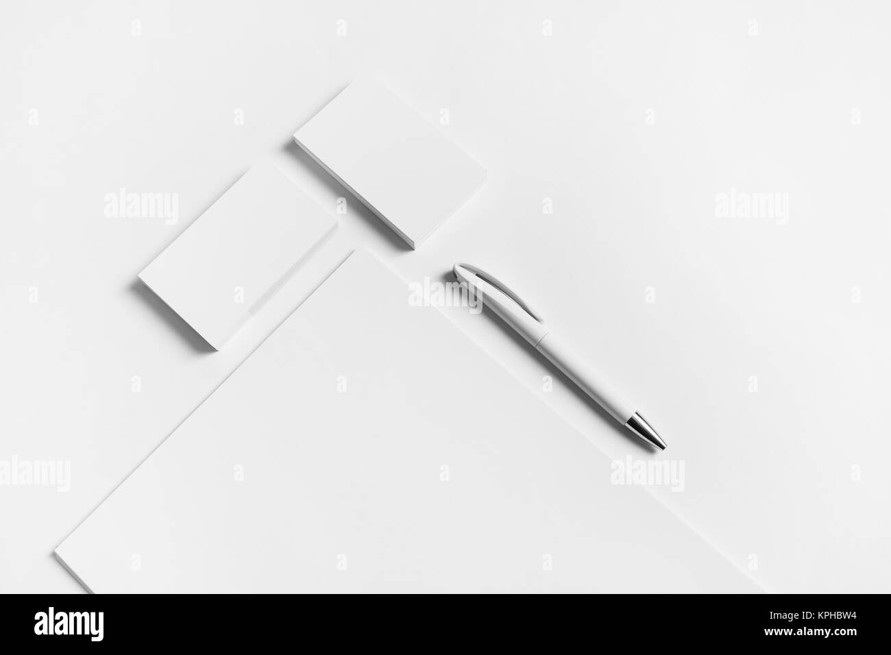 Blank stationery set. Letterhead, business cards and pen on white paper ...