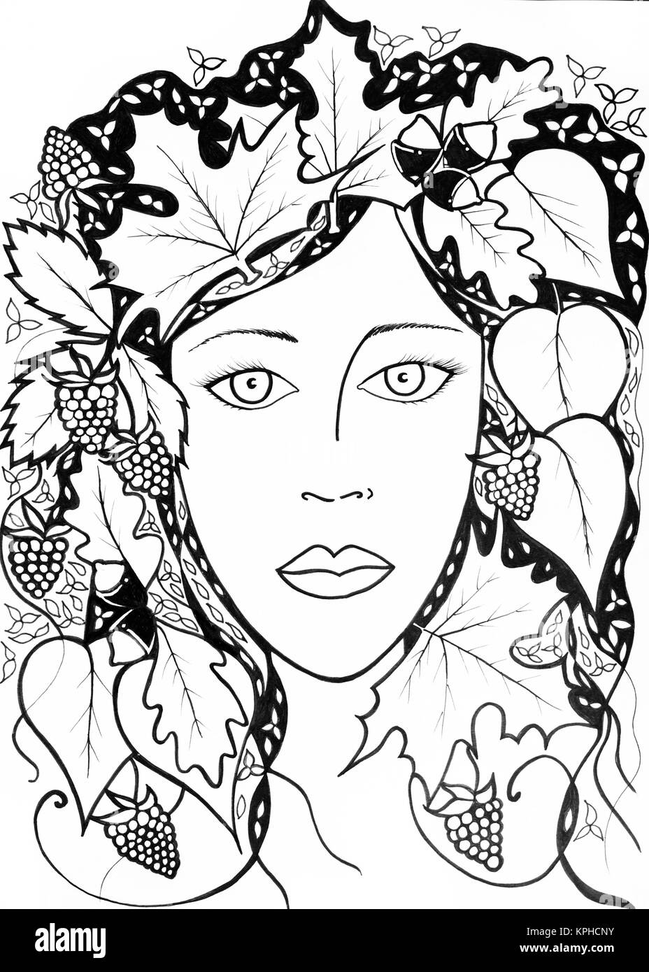 Hand drawn ink Illustration of a young femaile face with Autumnal ...