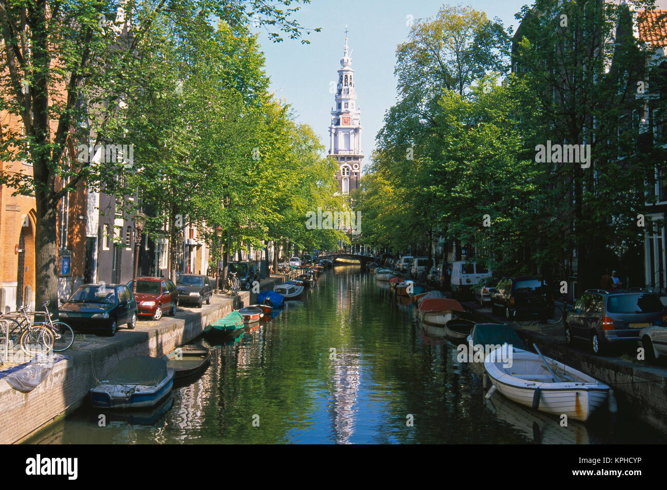 The Netherlands, North Holland, Amsterdam, Groenburgwal Canal, Spire of ...