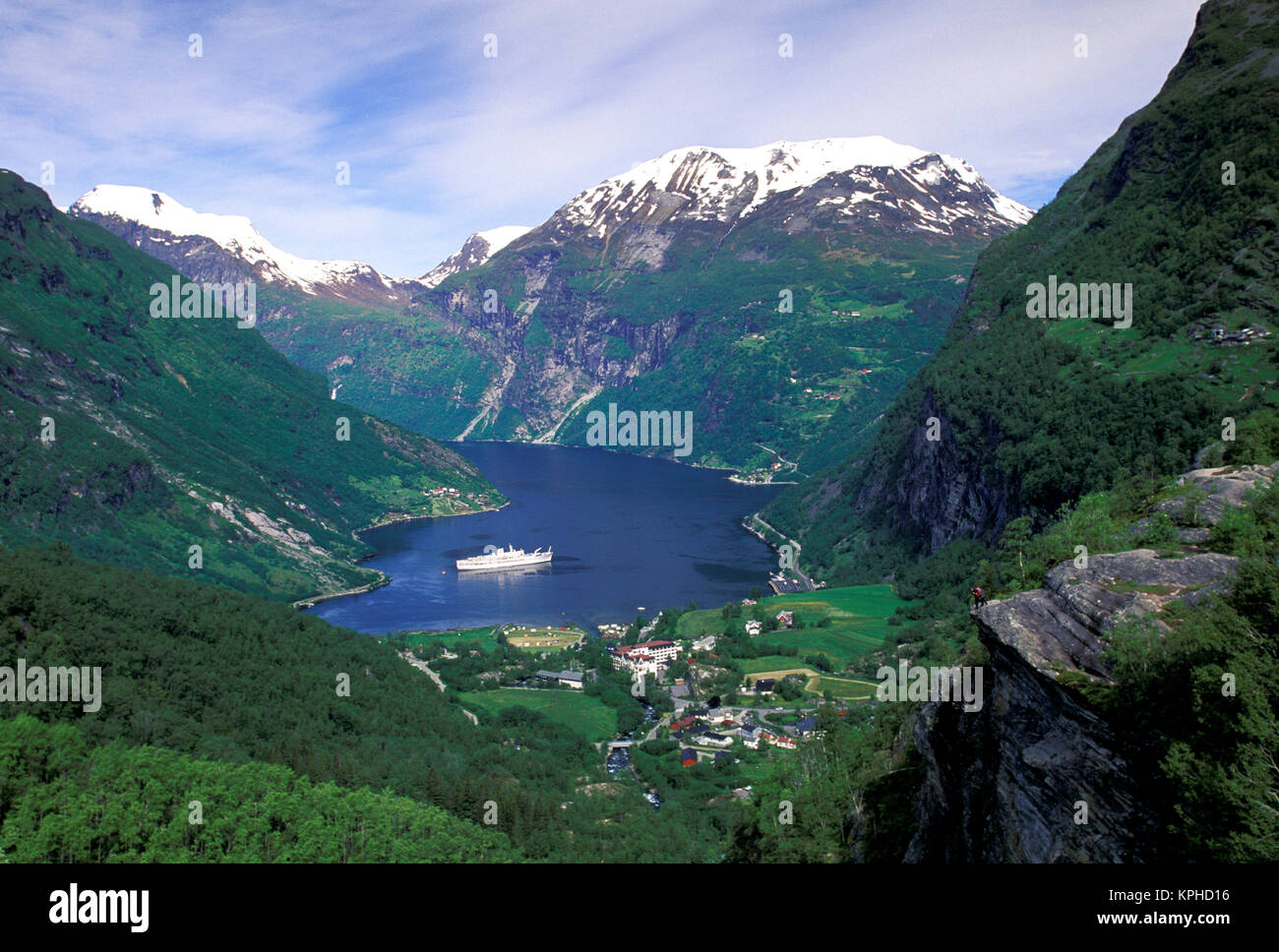 Norway, Geirangerfjord, Geiranger. Fjord and town view from ...