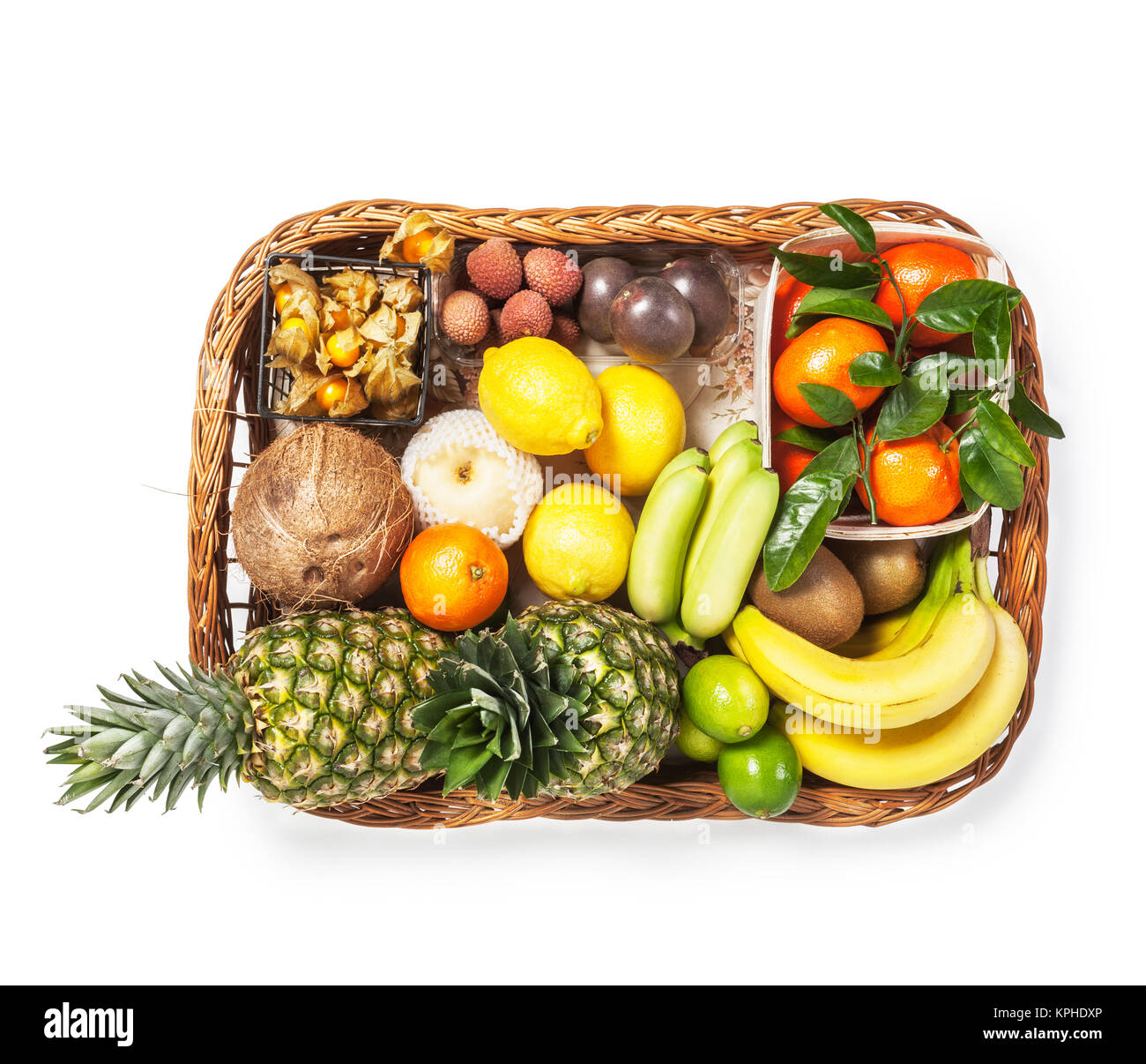 Fresh market fruits on wicker tray. Healthy eating and dieting concept ...