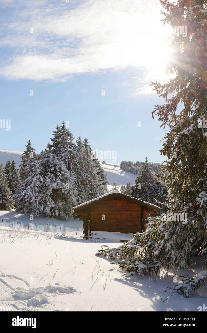 Winter landscape with a small chalet Stock Photo - Alamy