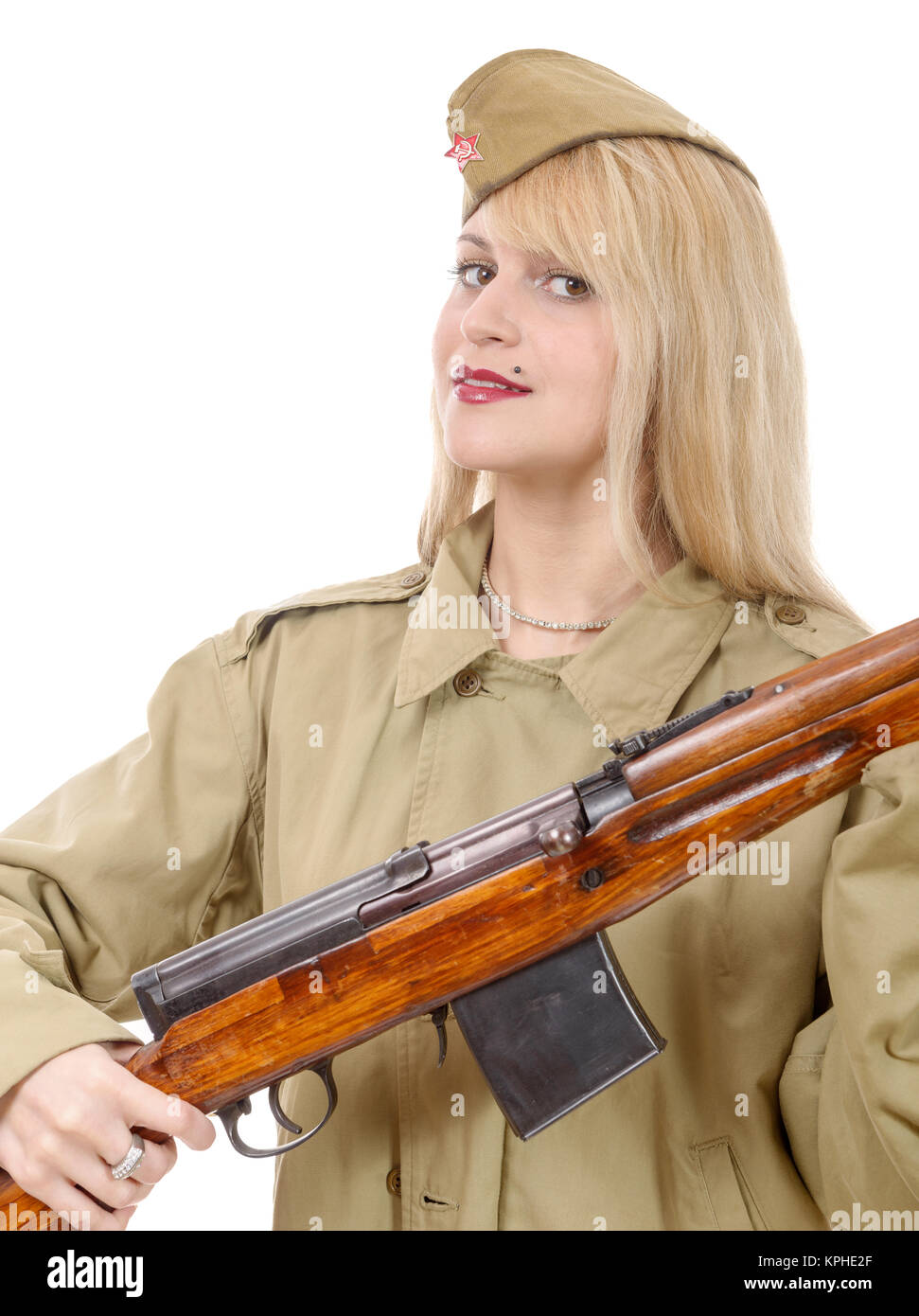 Portrait of pretty young woman in Russian military uniform, on white ...