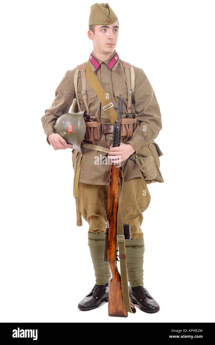 young Soviet soldier with rifle on the white background Stock Photo - Alamy