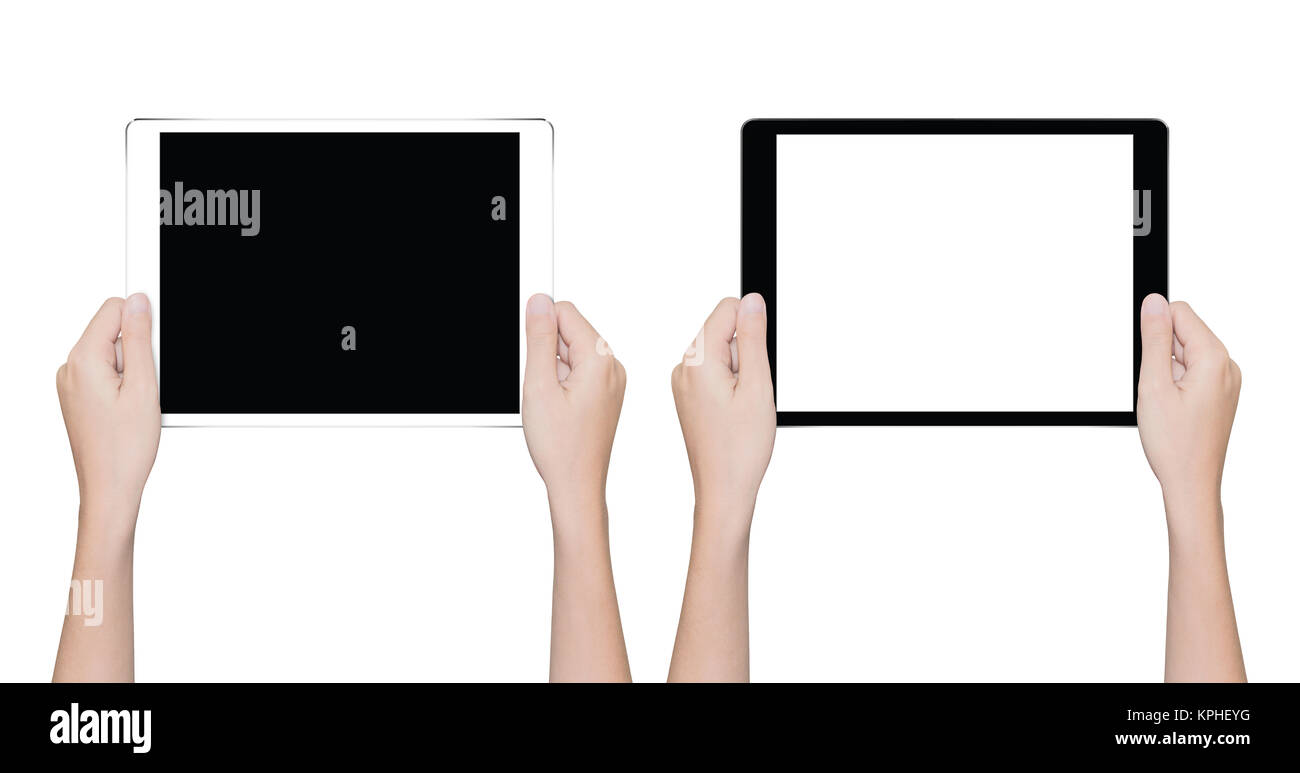 closeup hand holding tablet isolated white clipping path inside Stock ...