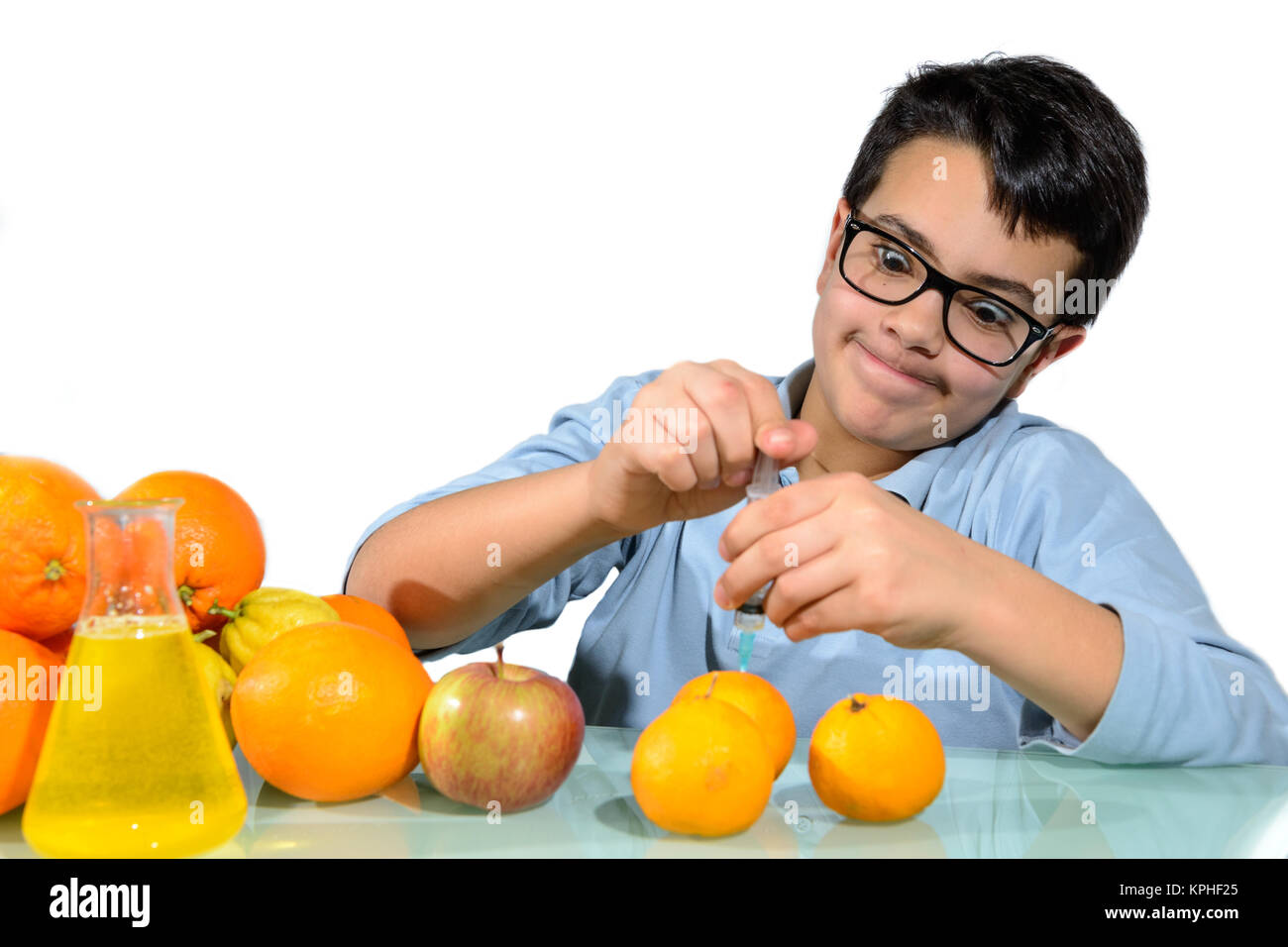 Boy Make the Experiments with Fruit Stock Photo - Alamy
