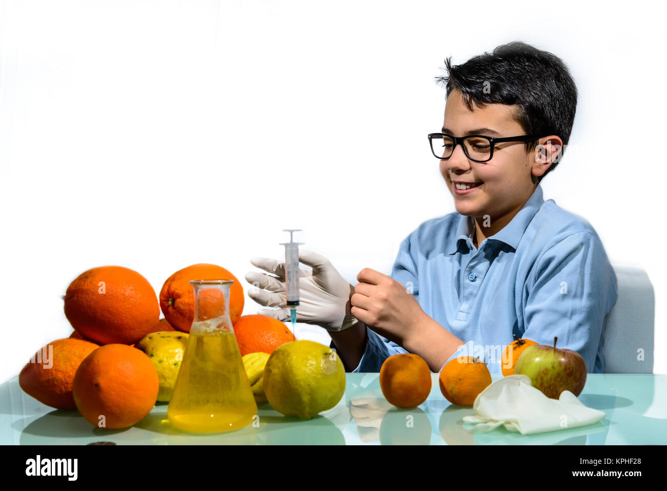 Boy Make the Experiments with Fruit Stock Photo - Alamy