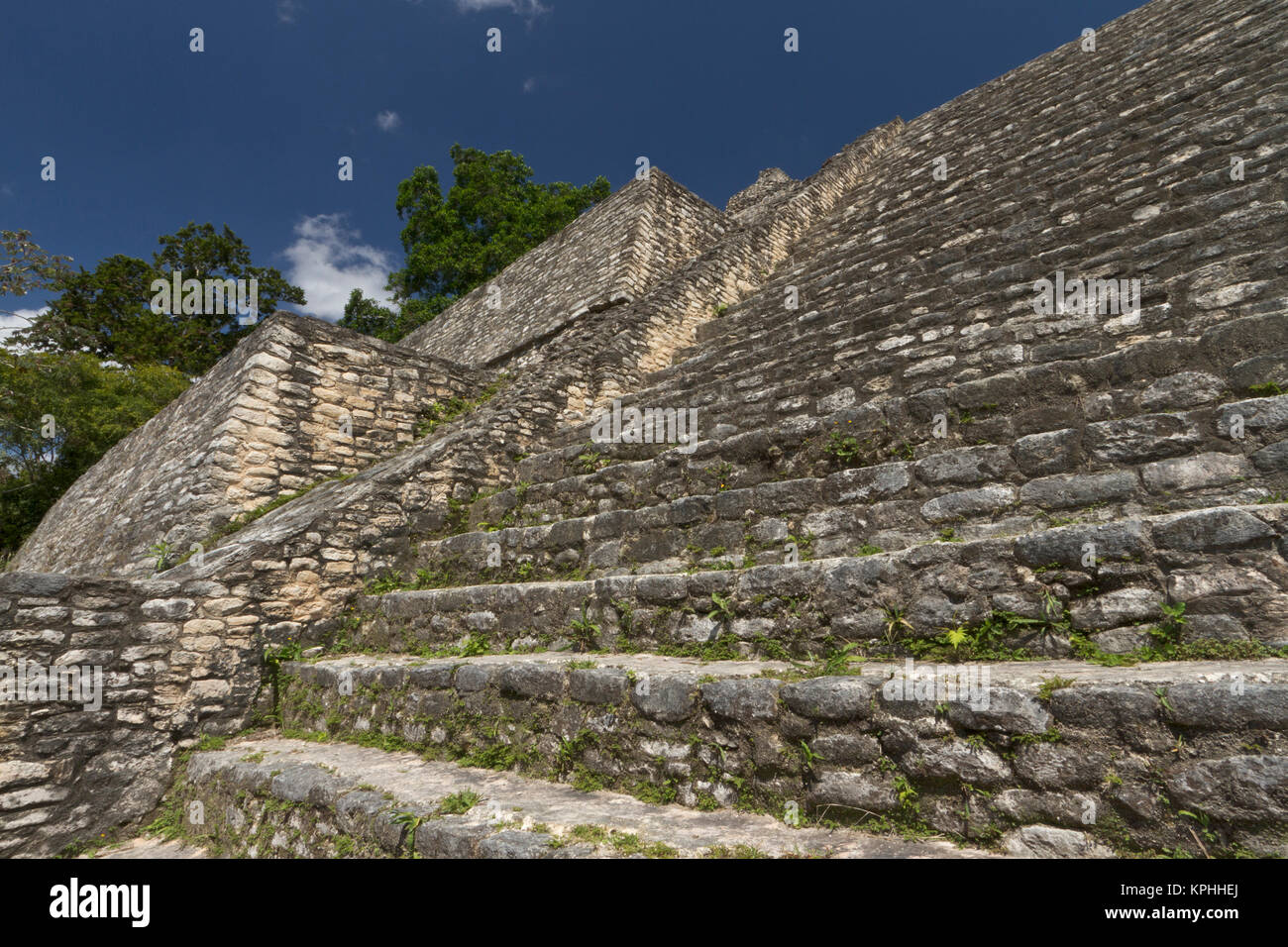 Steep steps at the base of Caana pyramid, Caracol ancient Mayan site ...