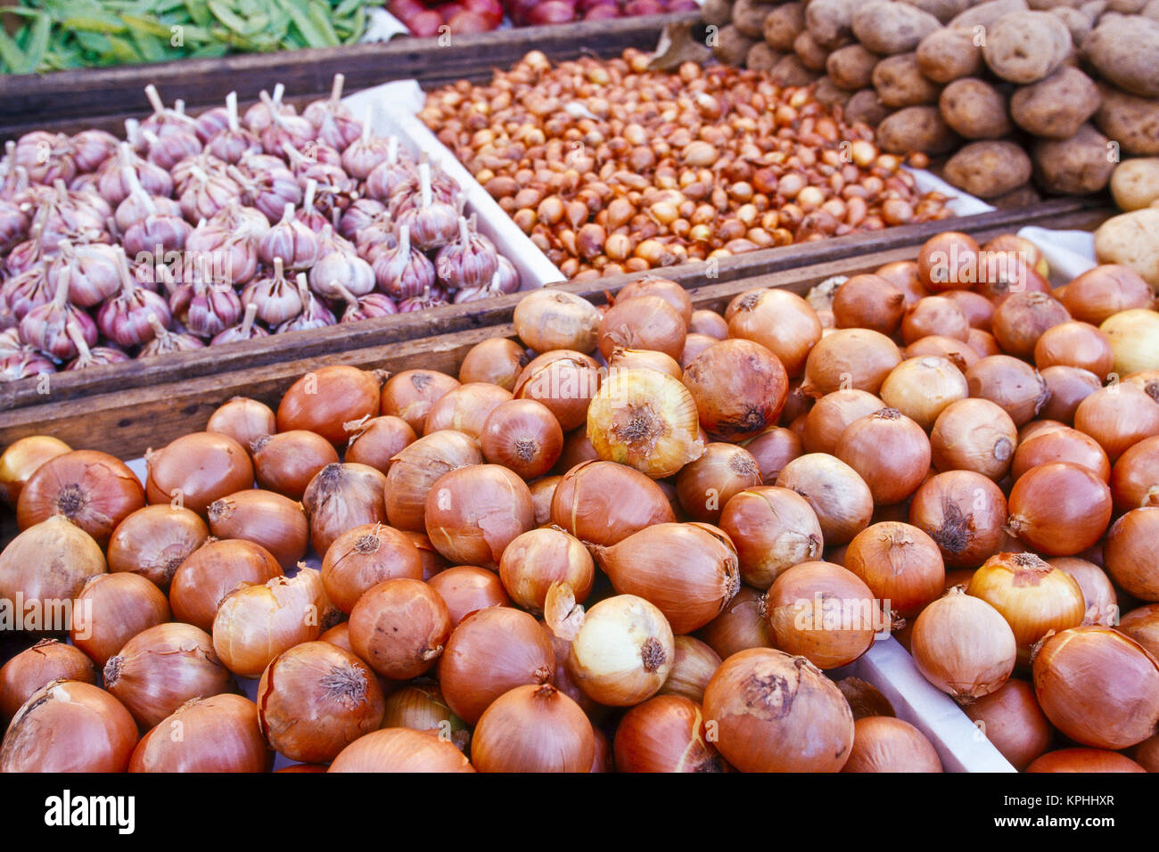 Brazil, Rio de Janeiro, onions, garlic and other produce for sale at ...