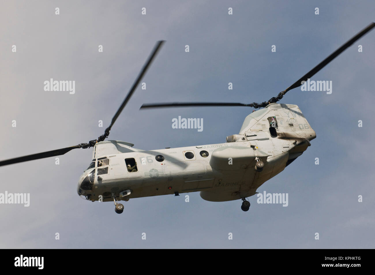 USA, California, CA, Los Angeles. Chinook helicopter flies in to Naval ...