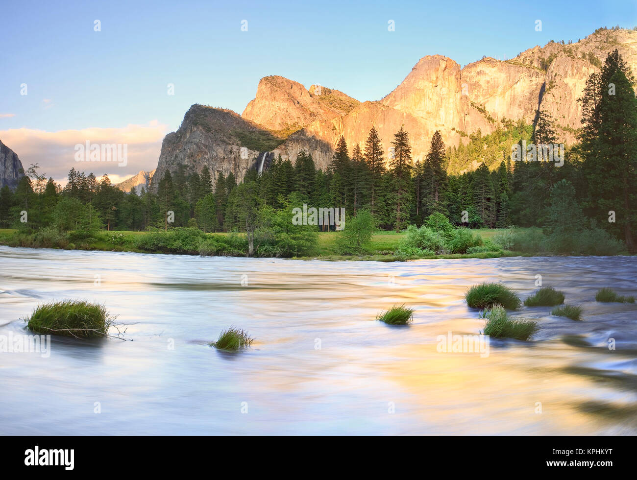 Bridalveil Falls behind Merced River. Yosemite, California, US Stock ...
