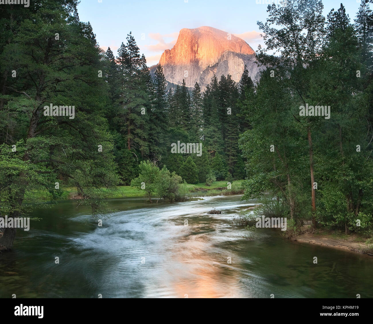 Half Dome with Sunset over Merced River. Yosemite, California, US Stock ...