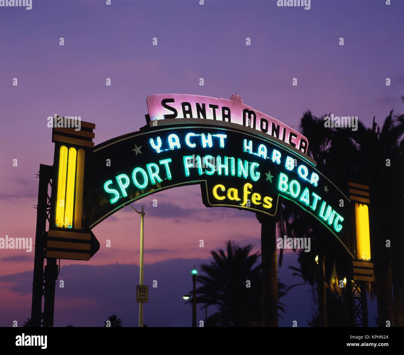 USA, California, Los Angeles, Santa Monica pier neon entrance sign ...