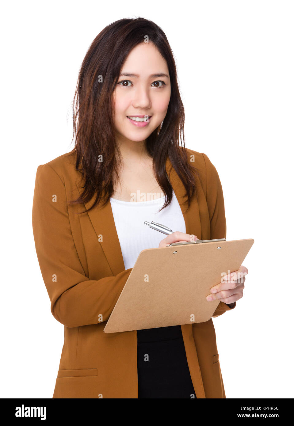 Young businesswoman take note on clipboard Stock Photo - Alamy