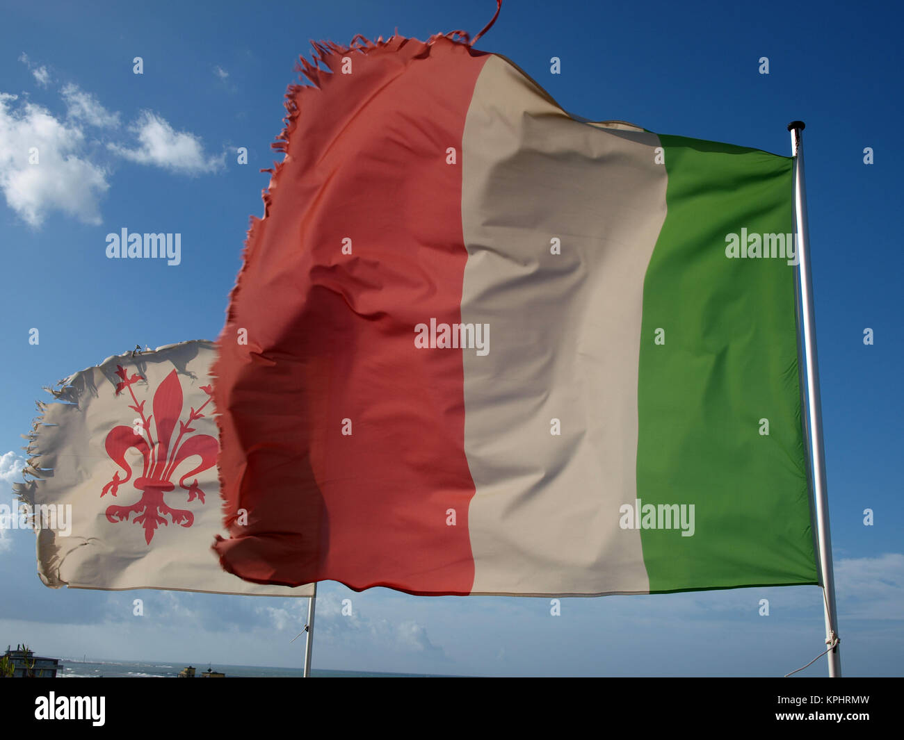 the flag of Florence and the Italy against the background of the deep ...