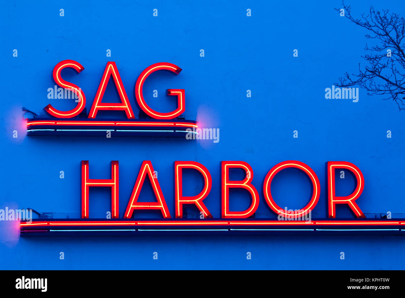 USA, New York, Sag Harbor. Main Street, neon sign of the Sag Harbor ...