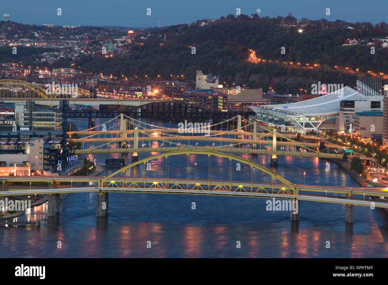 USA, Pennsylvania, Pittsburgh: Bridges on the Allegheny River / Evening ...