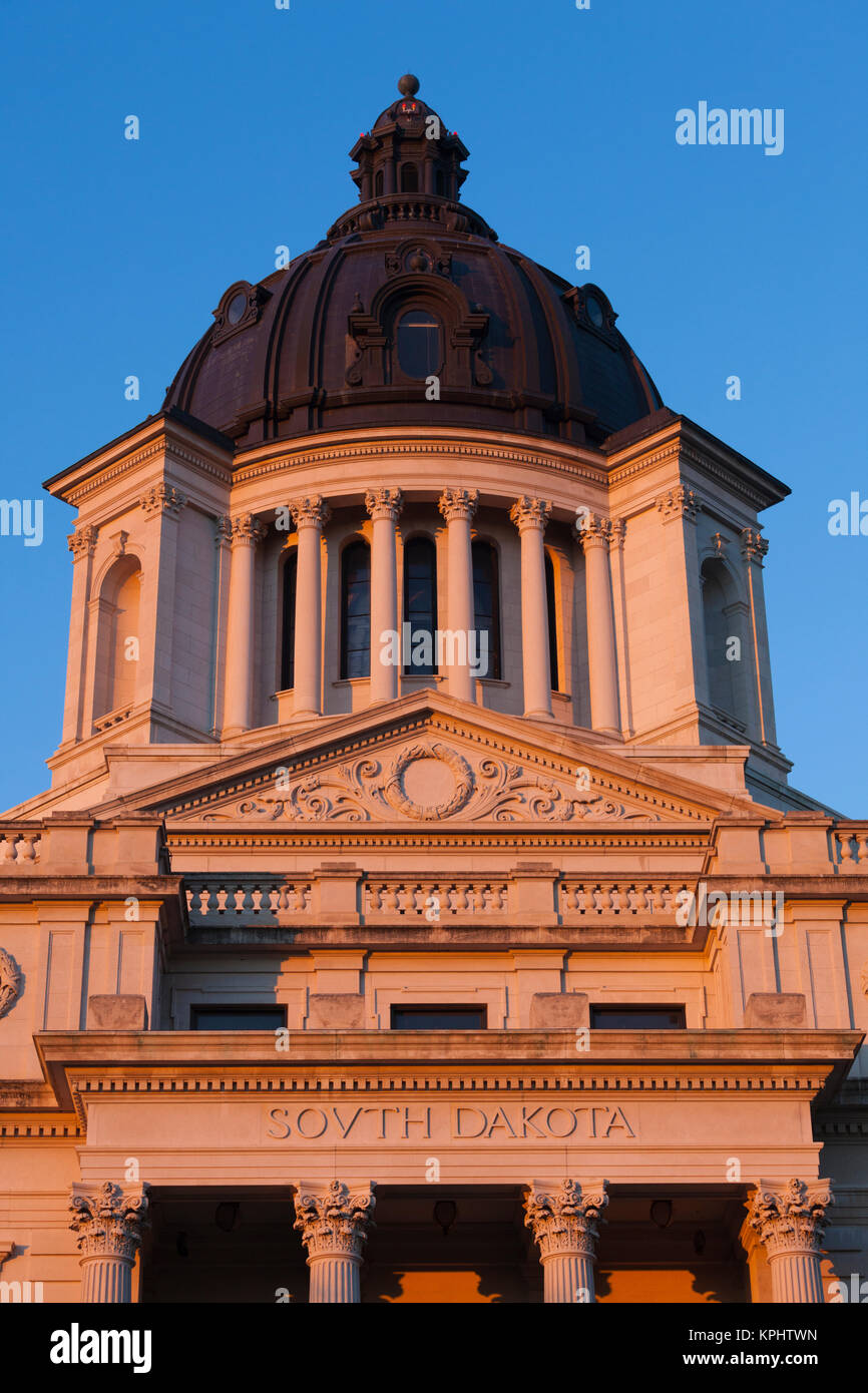 USA, South Dakota, Pierre, South Dakota State Capitol exterior, sunset ...