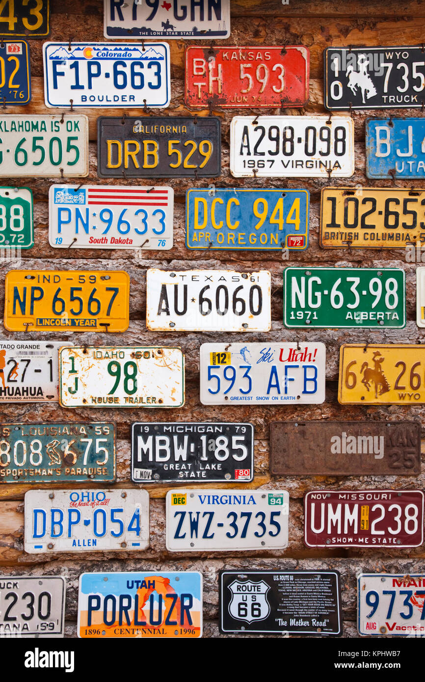 USA, Utah, Moab. Hole in the Rock tourist shop, old license plates ...