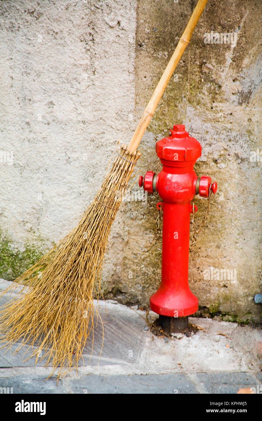 Italy, Cinque Terre, Vernazza, Italian Fire Hydrant and Old Broom Stock ...