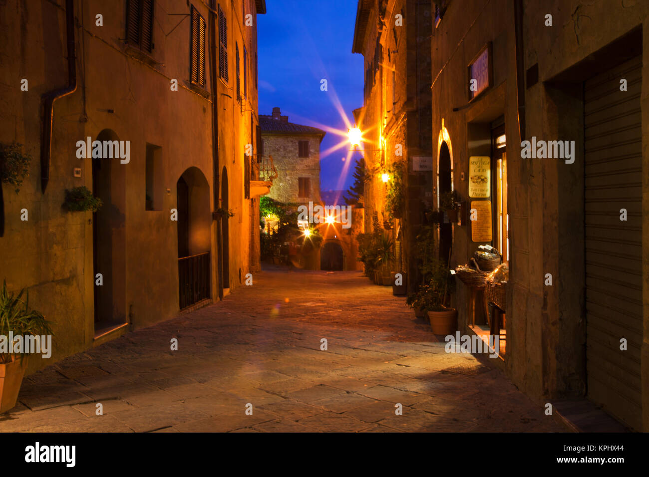 Main Street of Pienza with evening Blue Light and Street Lights Stock ...