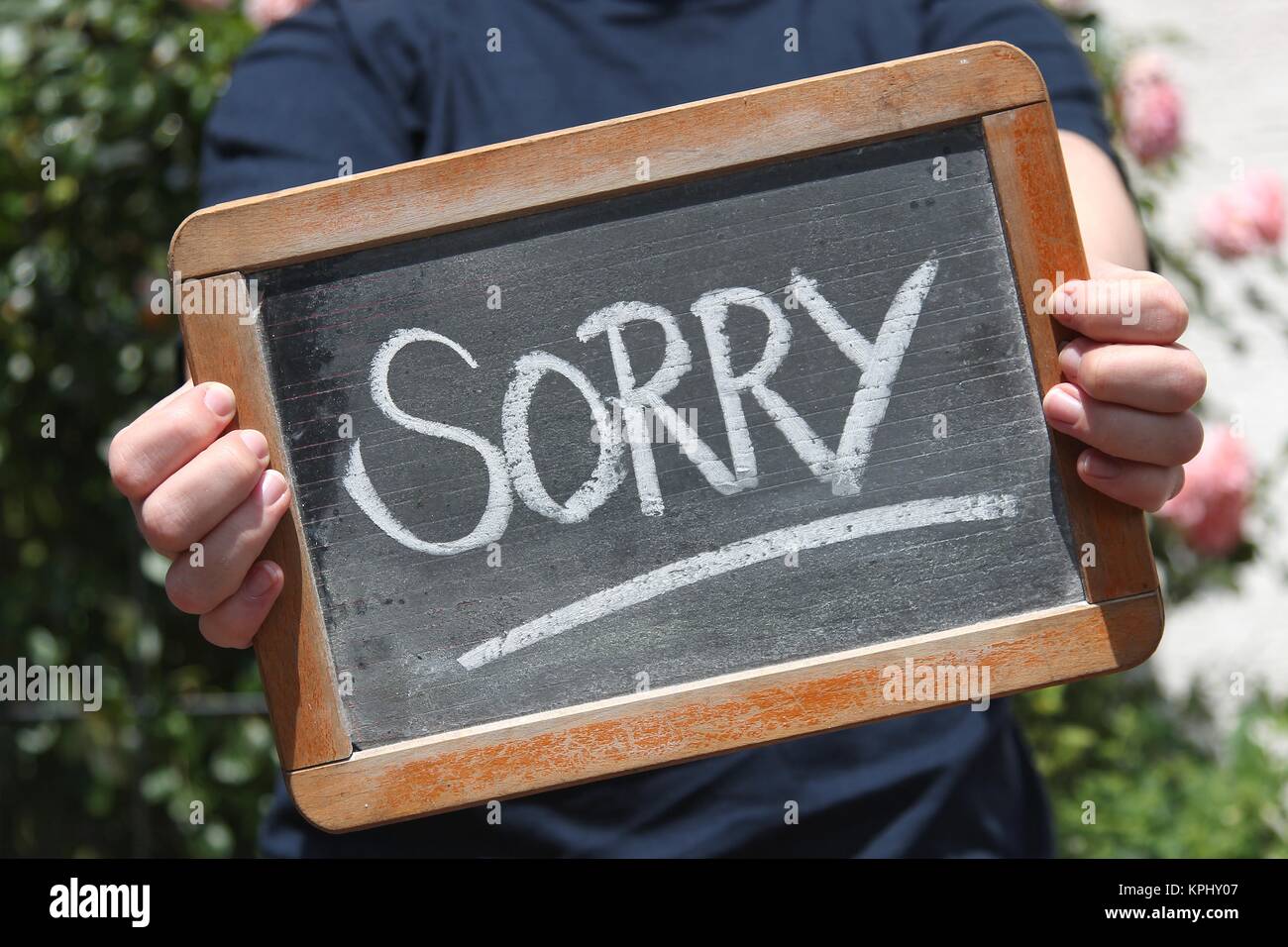 SORRY written with chalk on slate shown by young female Stock Photo - Alamy