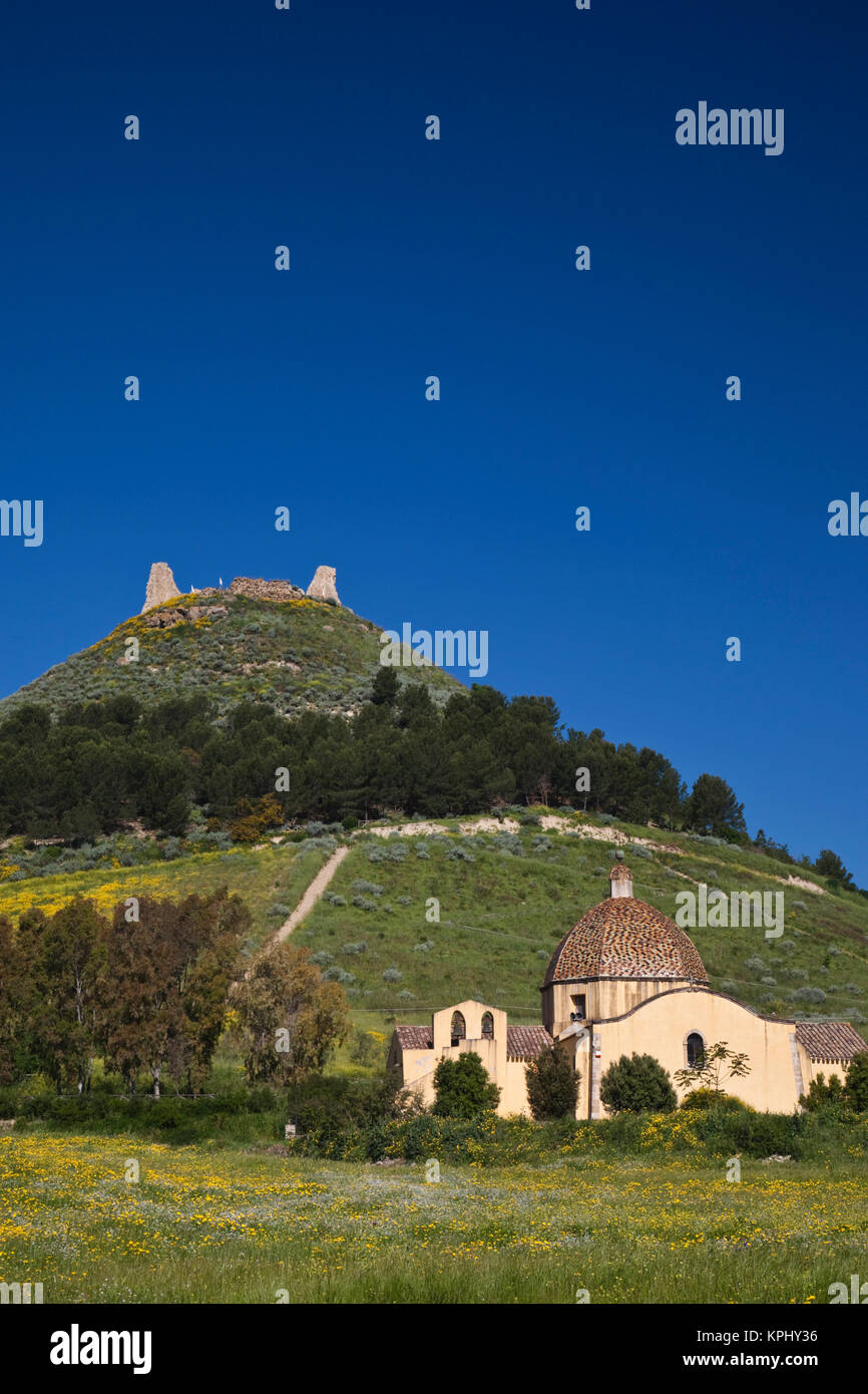 Italy, Sardinia, Las Plassas. Castello di Marmilla fortress and Chiesa ...