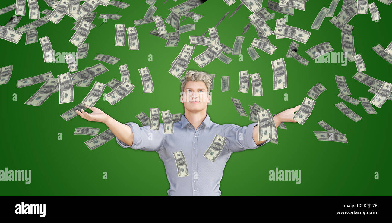 Man Catching Money Falling From the Sky Stock Photo - Alamy