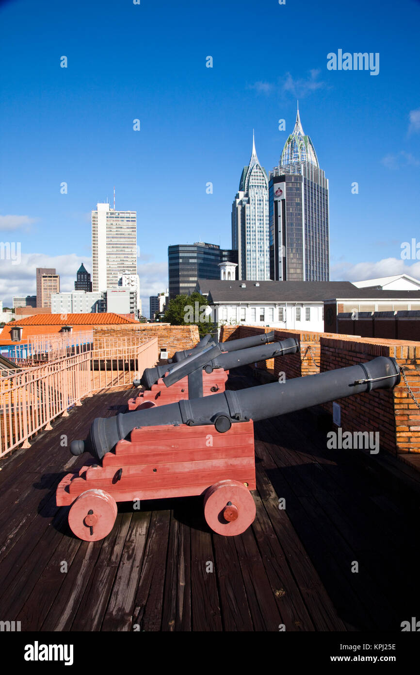 USA, Alabama, Mobile. Fort Conde, b.1711, RSA Tower and Riverview Plaza ...