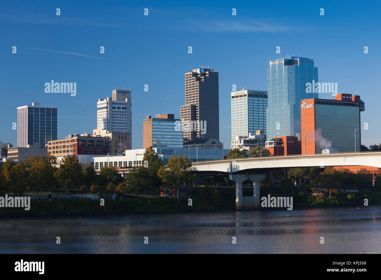 USA, Arkansas, Little Rock, city skyline from the Arkansas River ...