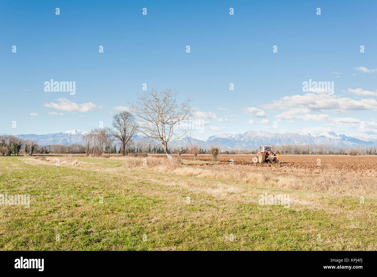 Agricultural landscape. With tractor plowing a field. The mountains in ...