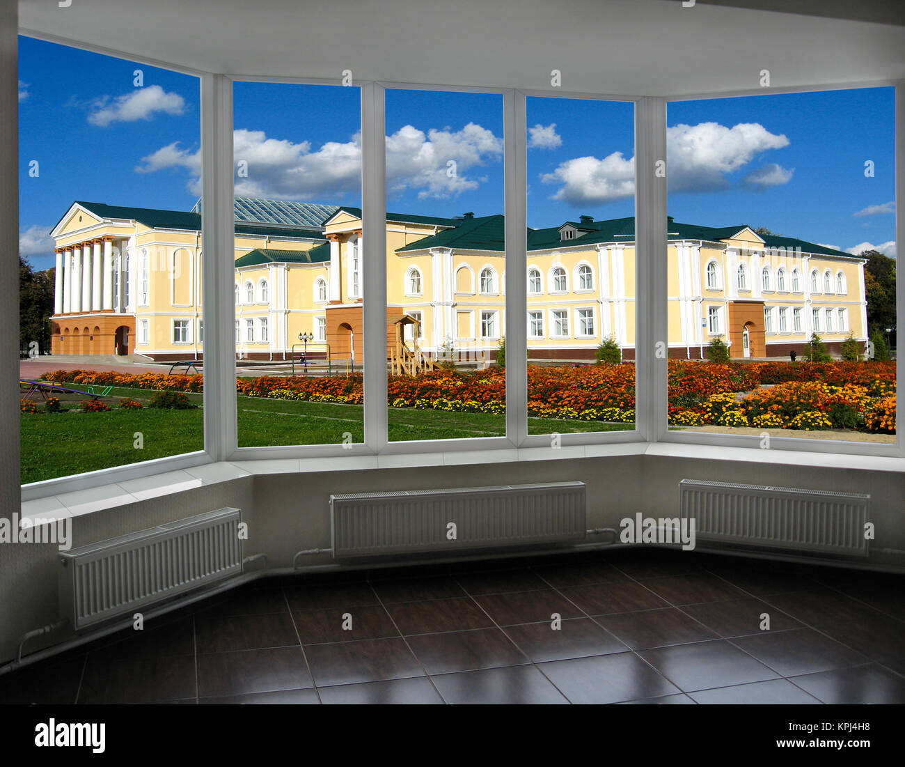 modern window overlooking the beautiful palace with garden Stock Photo ...