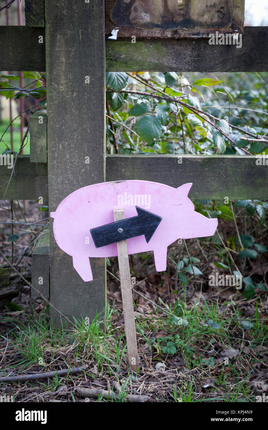 Direction sign in the form of a pink wooden pig with black arrow Stock ...