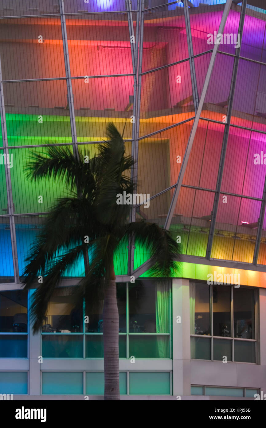 USA, Florida, Miami Beach: South Beach, Palm and Neon Lit Gym / 5th ...