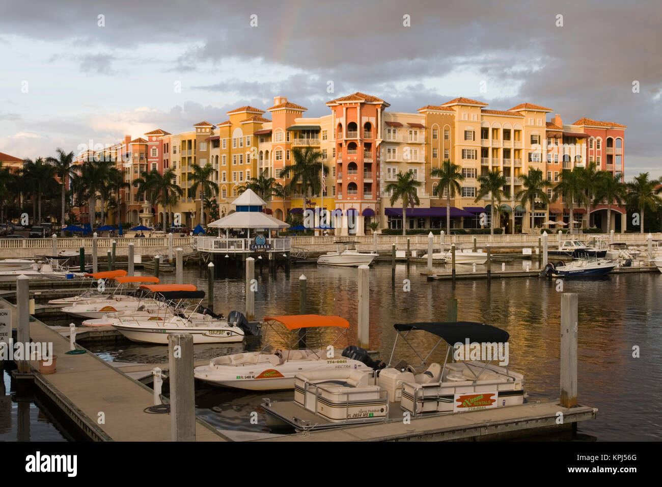 USA, Florida, Naples: Bayfront Place and Marina / Sunset Stock Photo ...